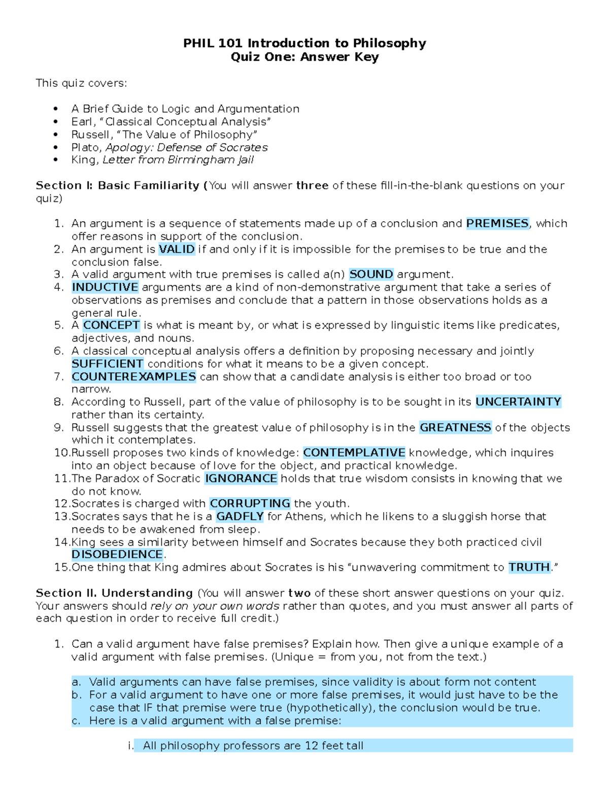 Quiz One Answers - PHIL 101 Introduction to Philosophy Quiz One: Answer ...