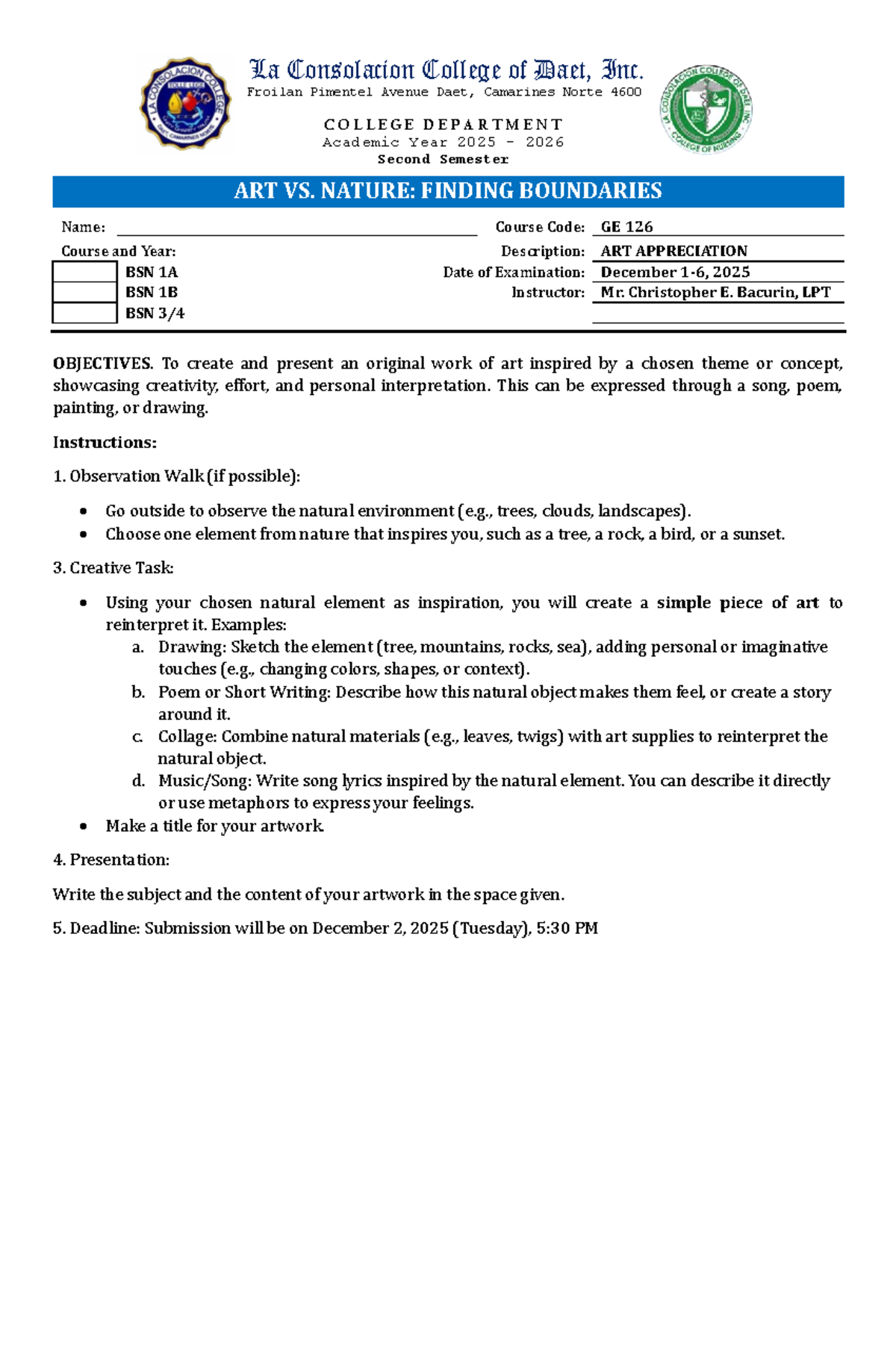 GE 126 Prelim PT: Art vs. Nature - Creative Project Guidelines - Studocu
