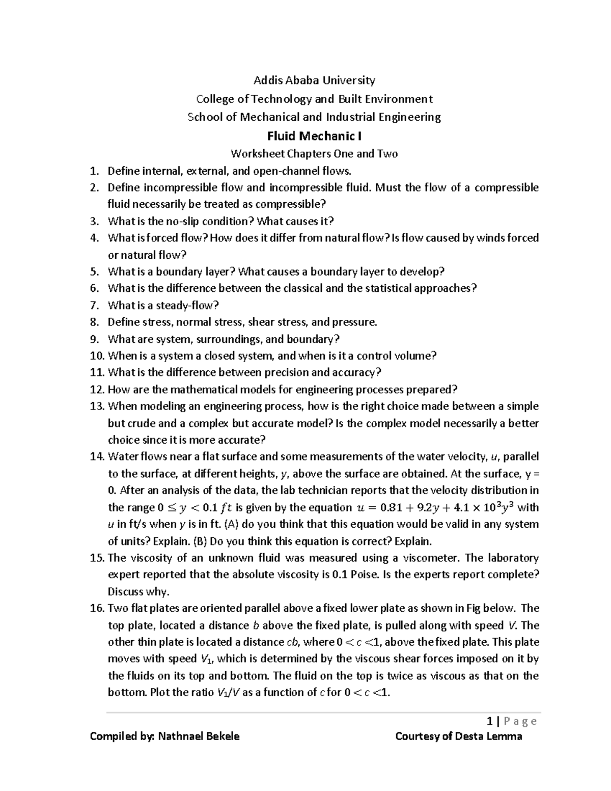 Fluid Mechanics I Worksheet: Chapters 1 & 2 Overview - Studocu