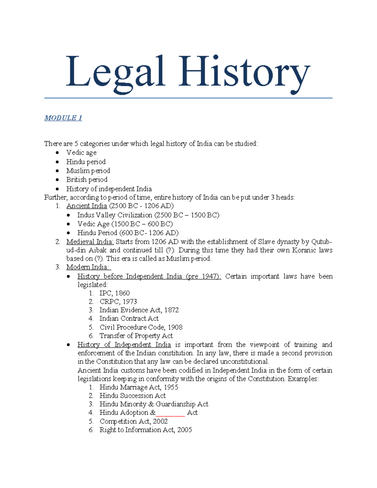 Legal History of India: MODULE 1 Overview and Key Developments - Studocu