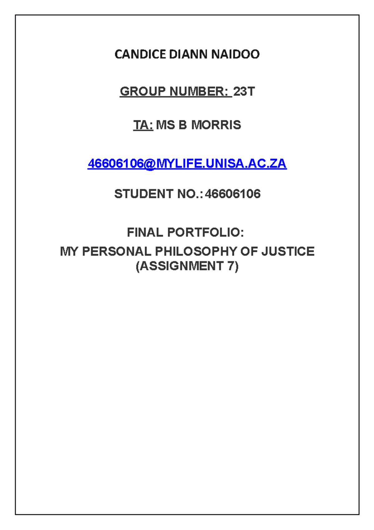 Final Portfolio: My Philosophy of Justice - SJD1501 Assignment 7 - Studocu