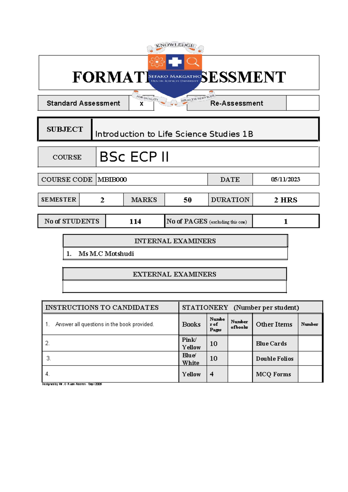 Test 4 2023 - Formative Assessment in Life Science Studies 1B BSc ECP ...