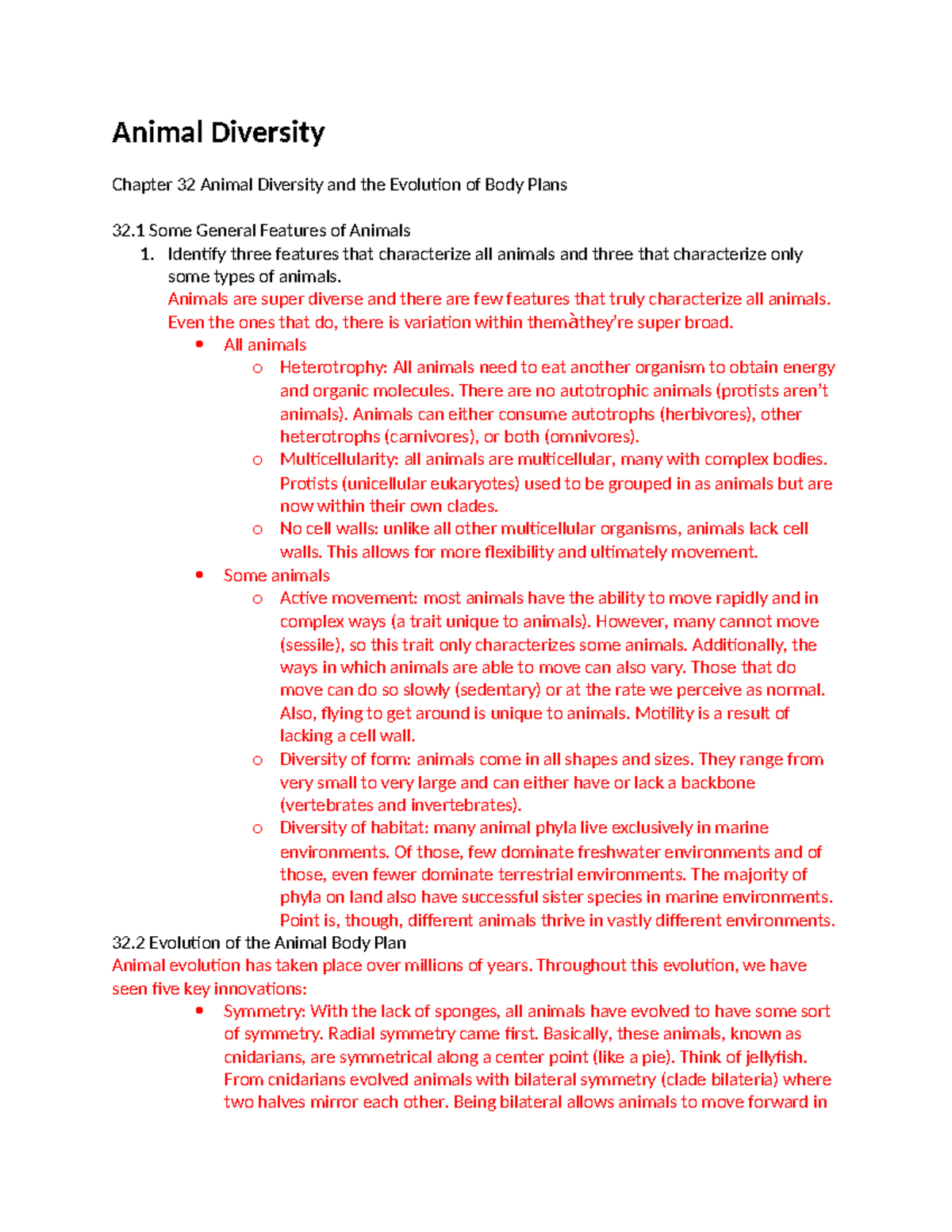 1407 Exam 3 Study Guide (1) - Animal Diversity Chapter 32 Animal ...