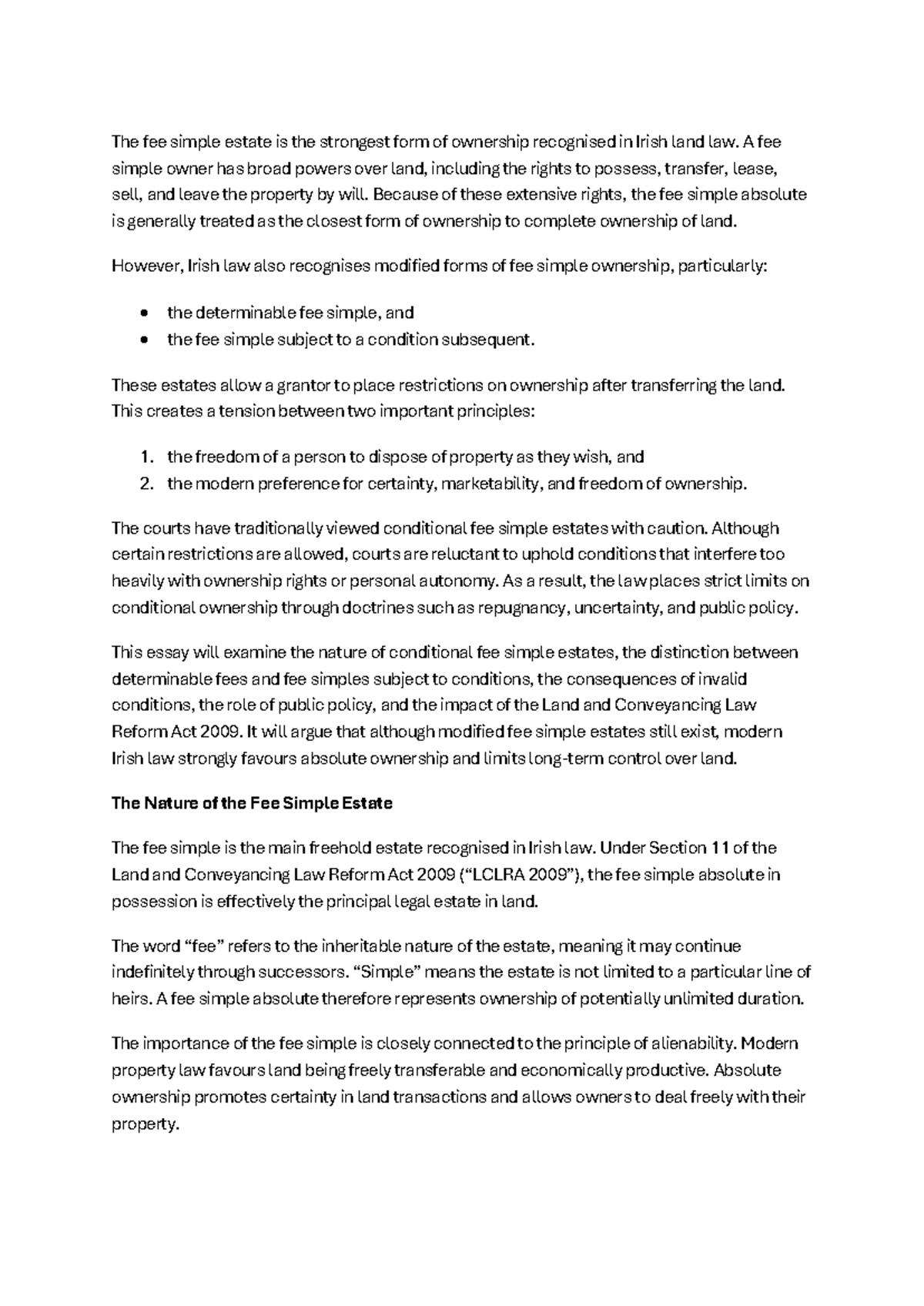 Irish Property Law: Examining Conditional Fee Simple Estates - Studocu