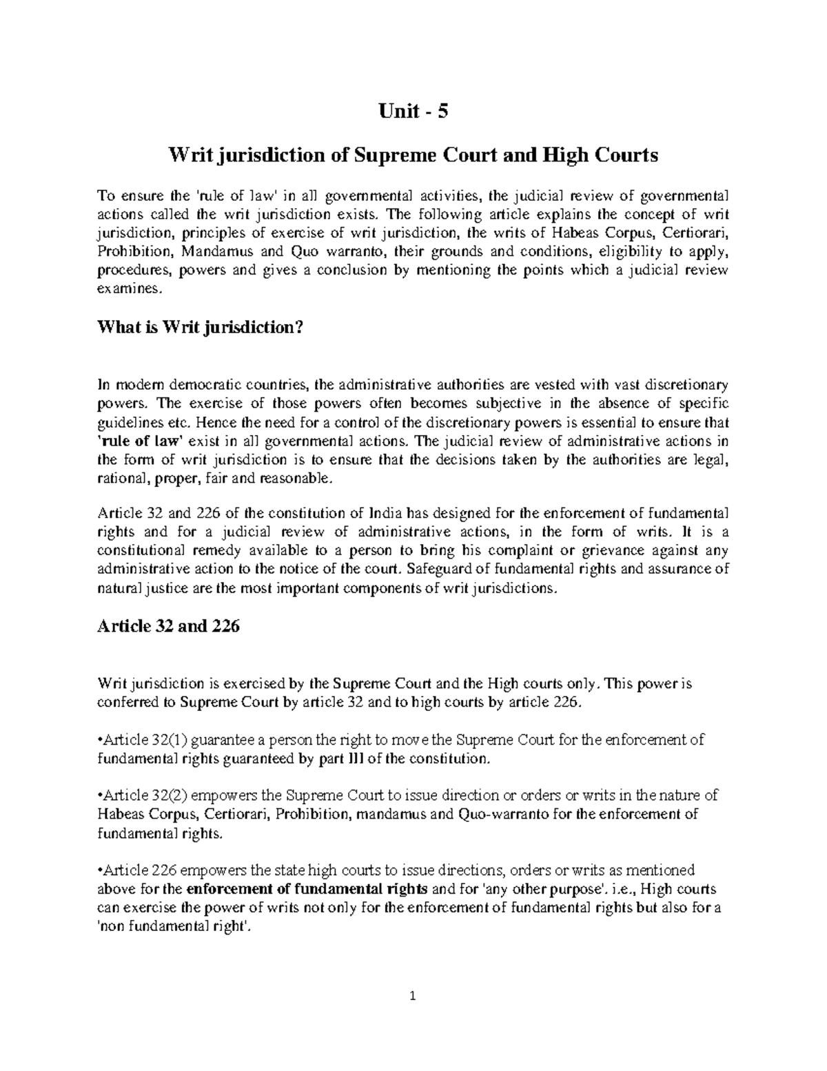 Unit 5 Writ Jurisdiction of Supreme Court and High Courts Explained ...