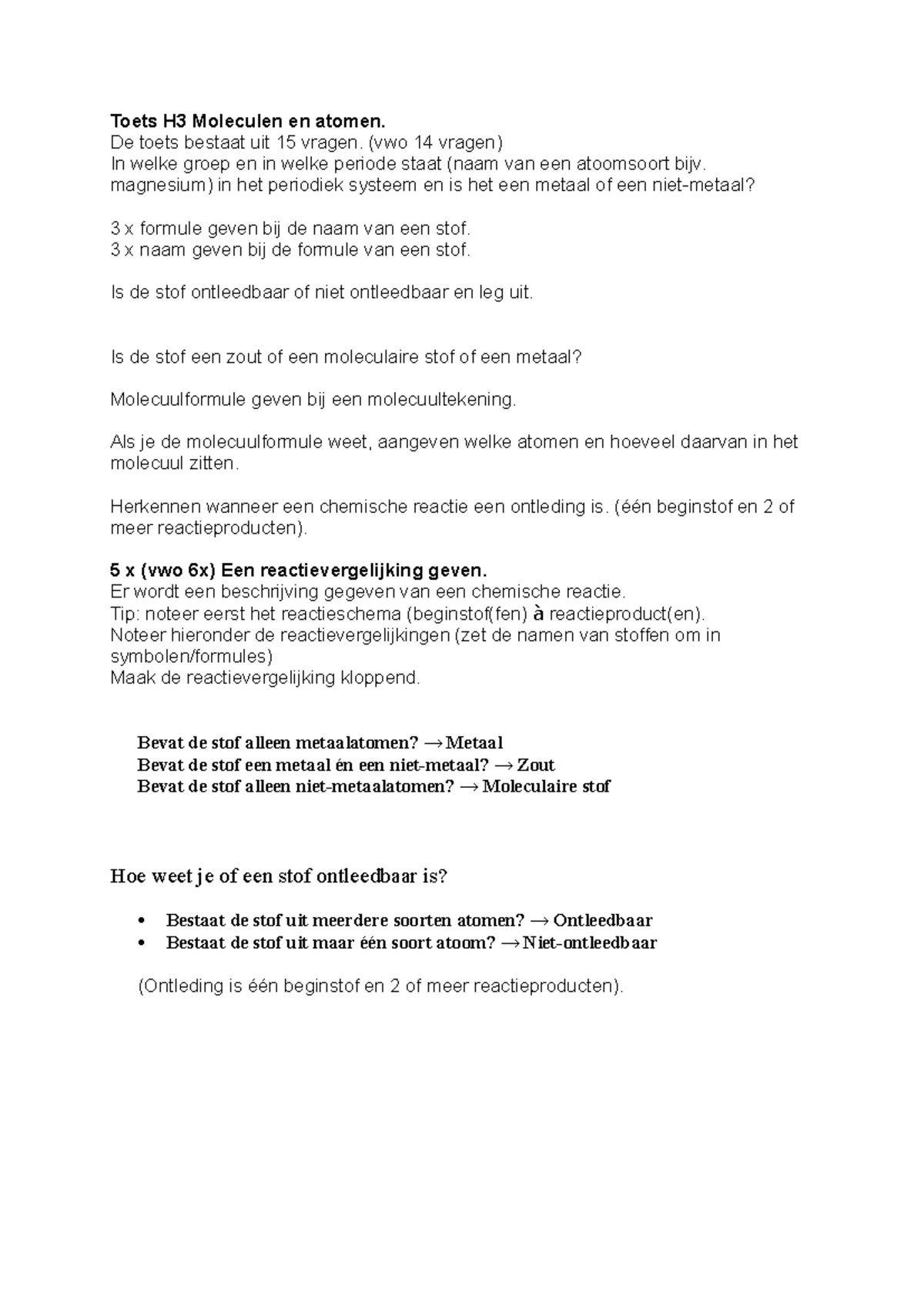 Extra Informatie over de Scheikunde Toets H3: Moleculen en Atomen - Studocu