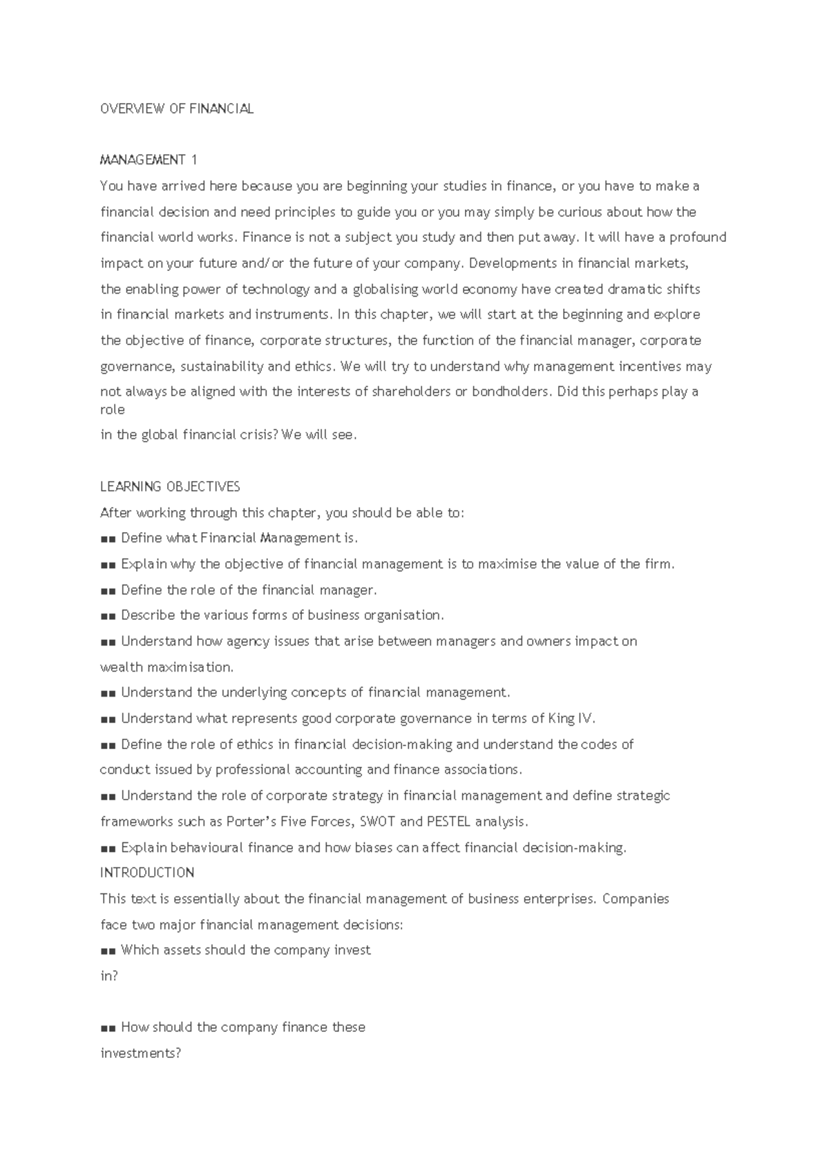 FINANCIAL MANAGEMENT 1: OVERVIEW OF CORPORATE GOVERNANCE PRINCIPLES IN ...