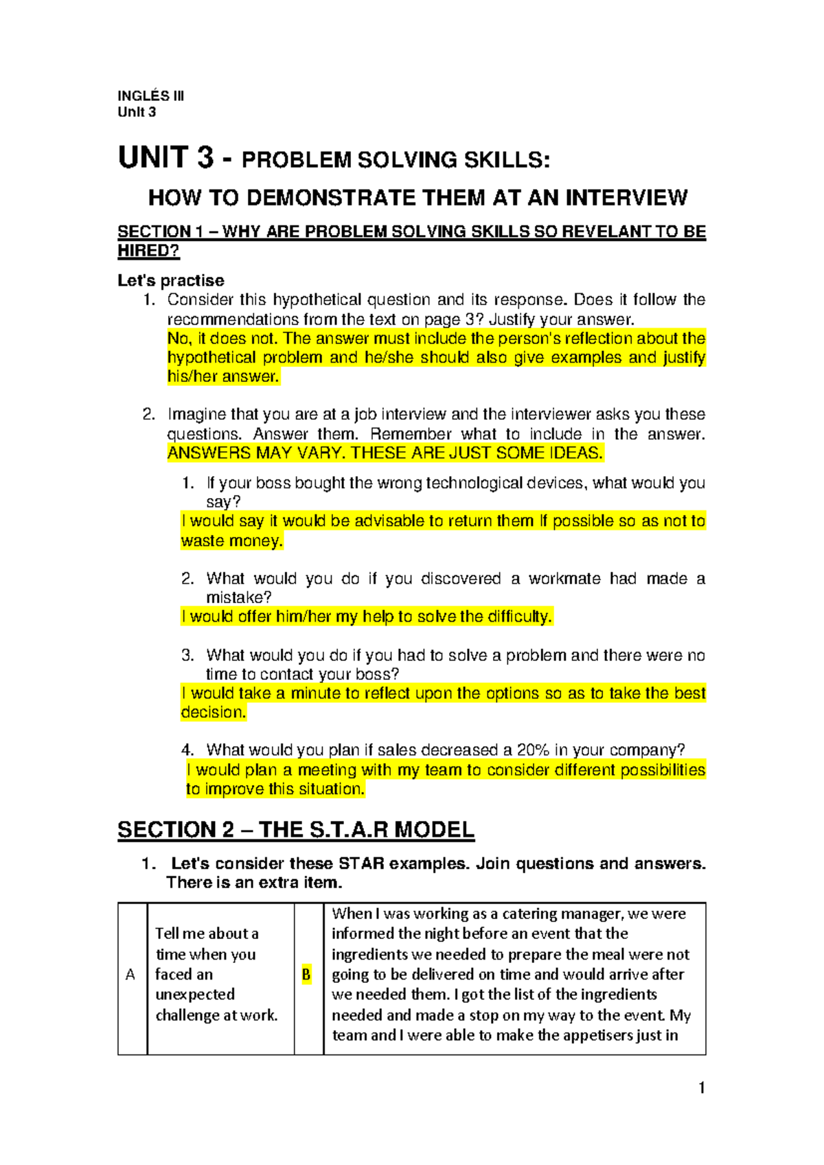 INGLÉS Unit 3: Problem Solving Skills for Job Interviews and IMRAD ...