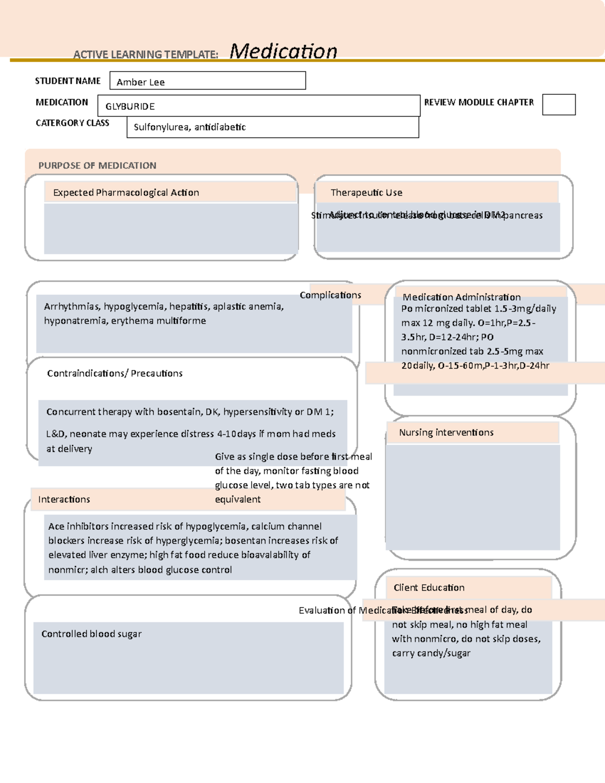 Glyburide Med Card ATI - ACTIVE LEARNING TEMPLATE: Medication STUDENT ...