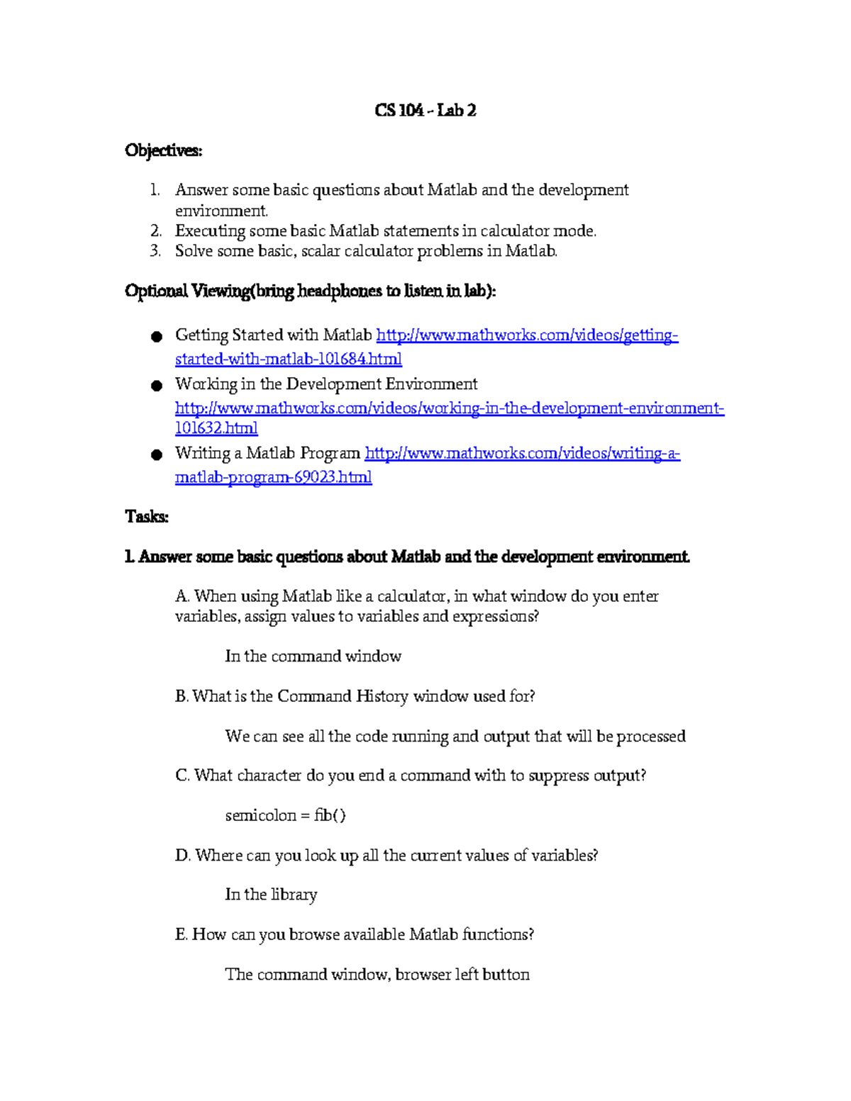 CS 104 Lab 2: Basics of MATLAB Calculator & Development Environment ...
