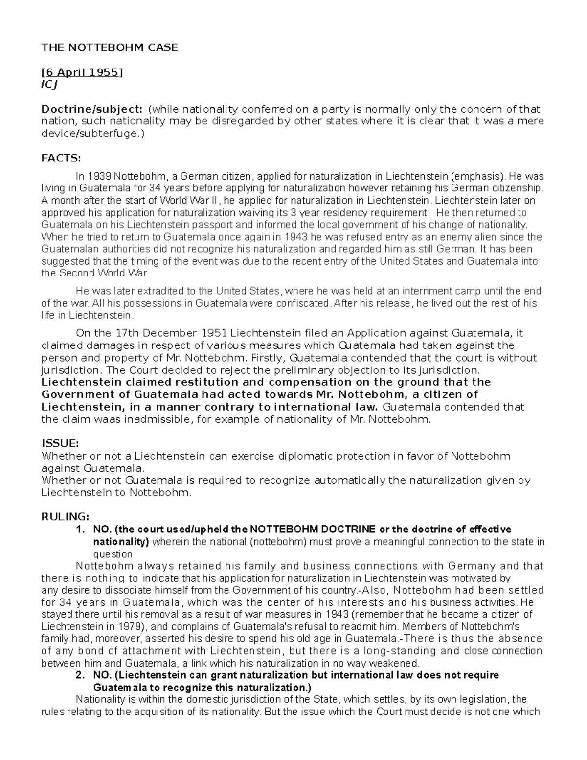 Nottebohm Case: ICJ Ruling on Nationality & Diplomatic Protection - Studocu
