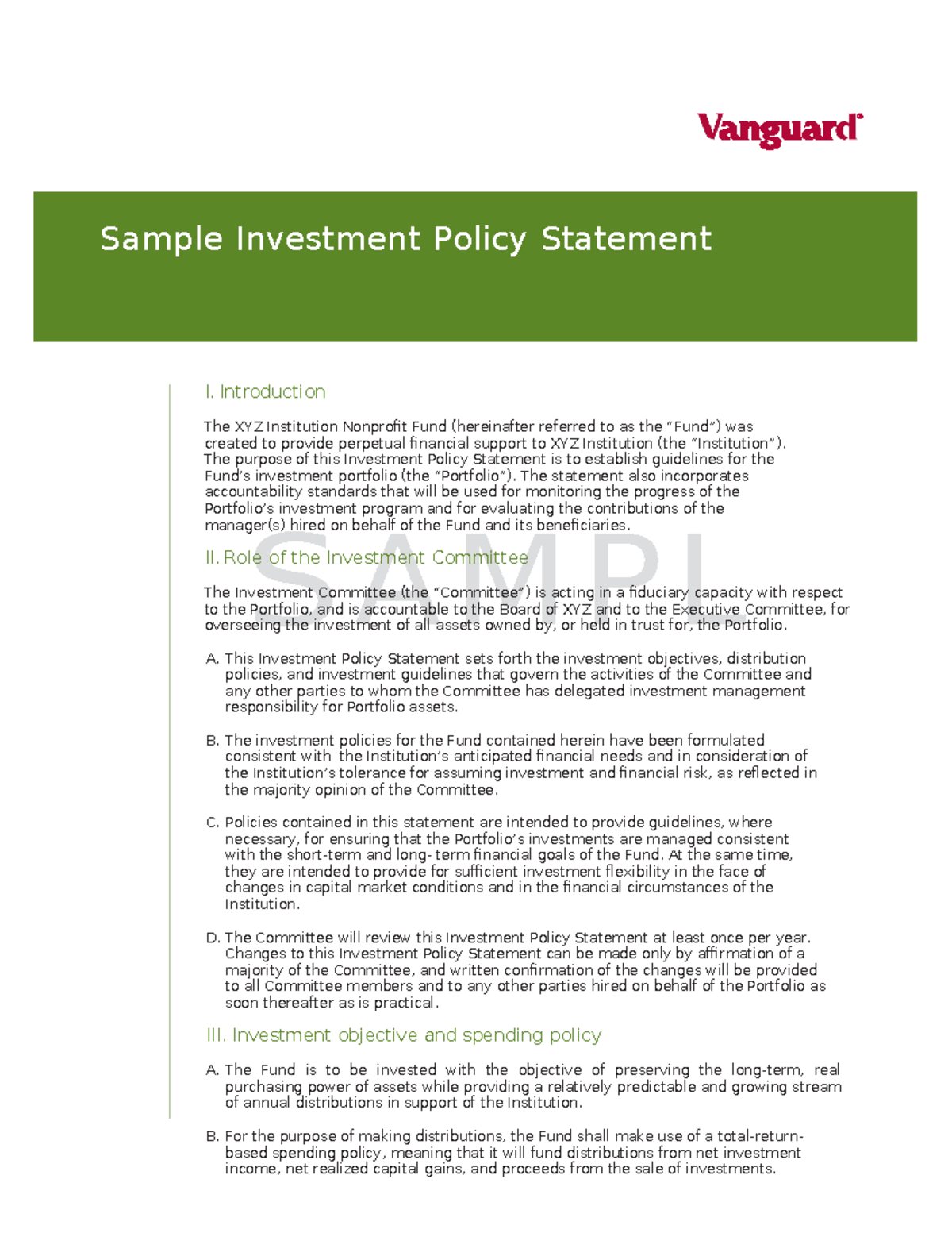 Investment Policy Statement for XYZ Institution Nonprofit Fund - Studocu