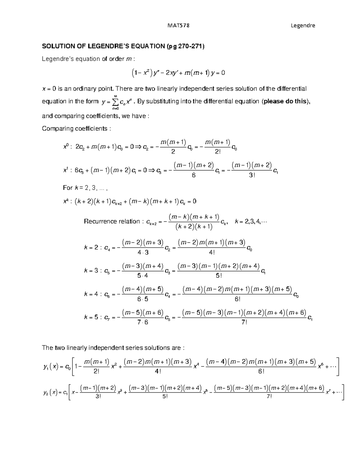 1.4 Legendre'S Equation - SOLUTION OF LEGENDRE’S EQUATION (pg 270- 271 ...
