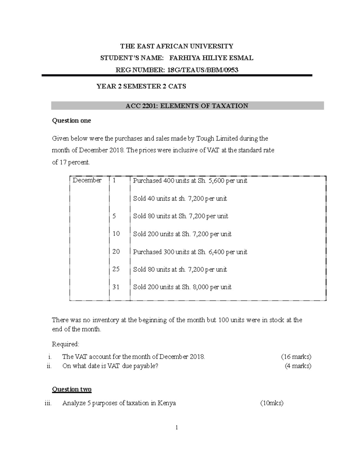 ACC 2201 Midterm Exam: Elements of Taxation Analysis and VAT ...