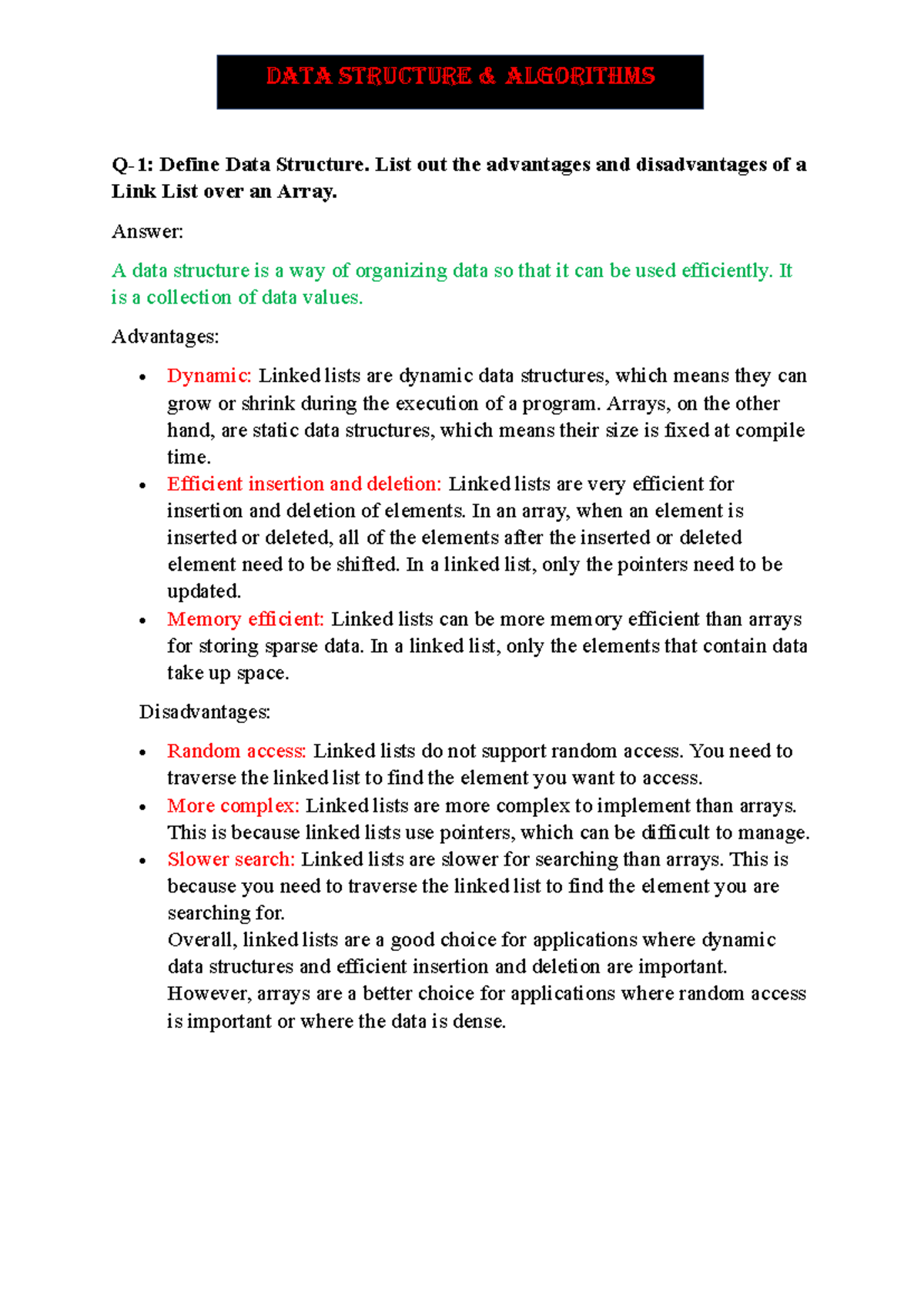 DATA STRUCTURE & ALGORITHMS: Linked Lists vs Arrays Analysis - Studocu