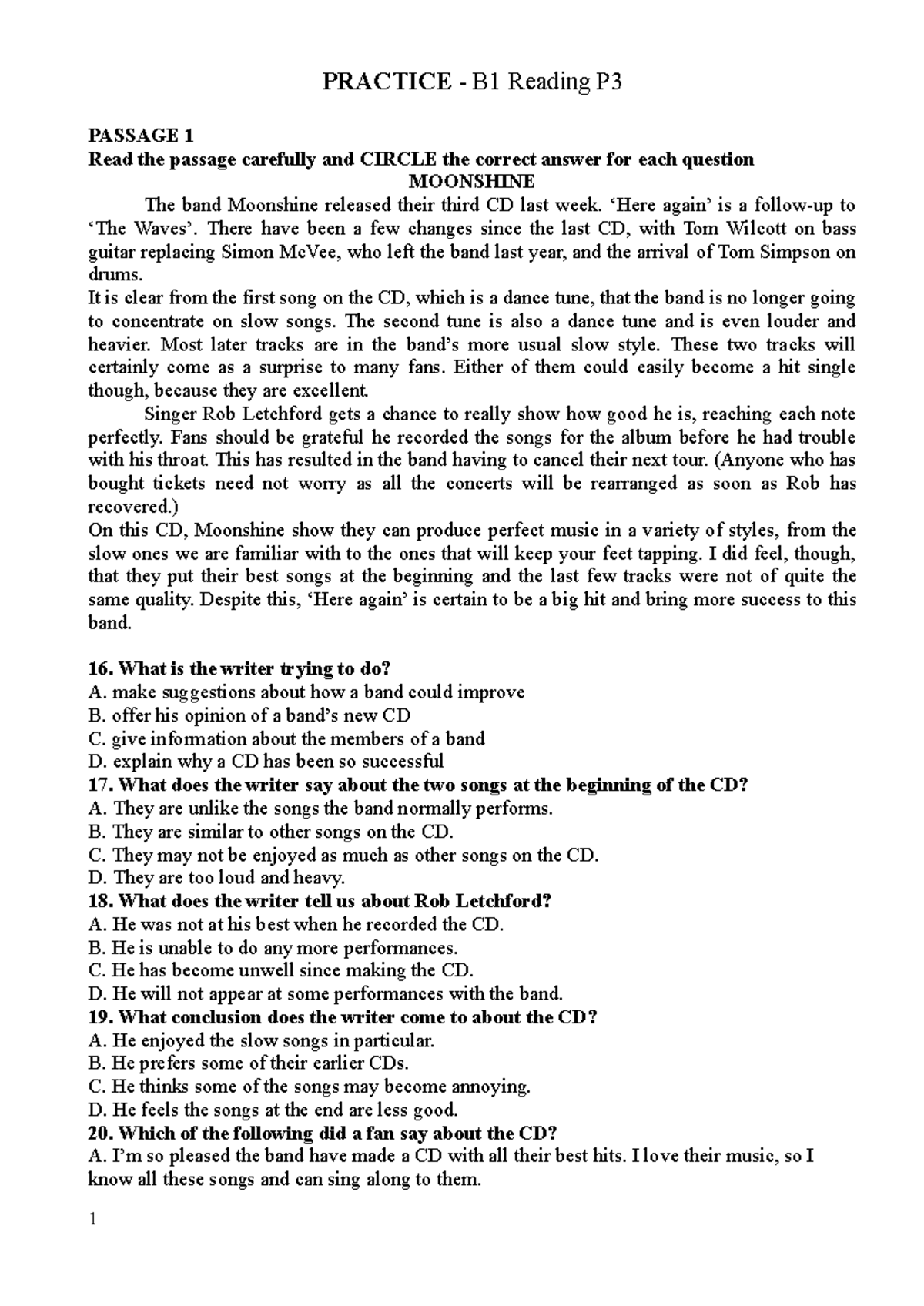 B1 Reading P3 - Practice Passage Questions and Answers - Studocu