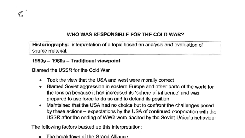 Historiography of the Cold War: Analyzing Responsibility (HIST 101 ...