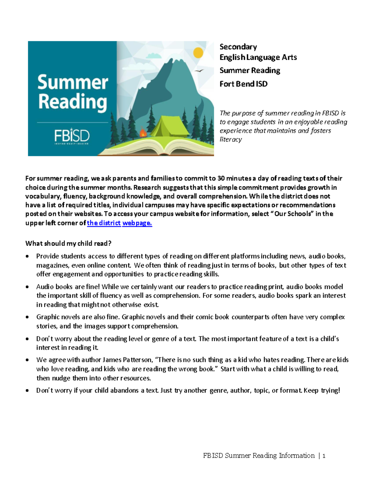 Summer form Reading section - Secondary English Language Arts Summer ...