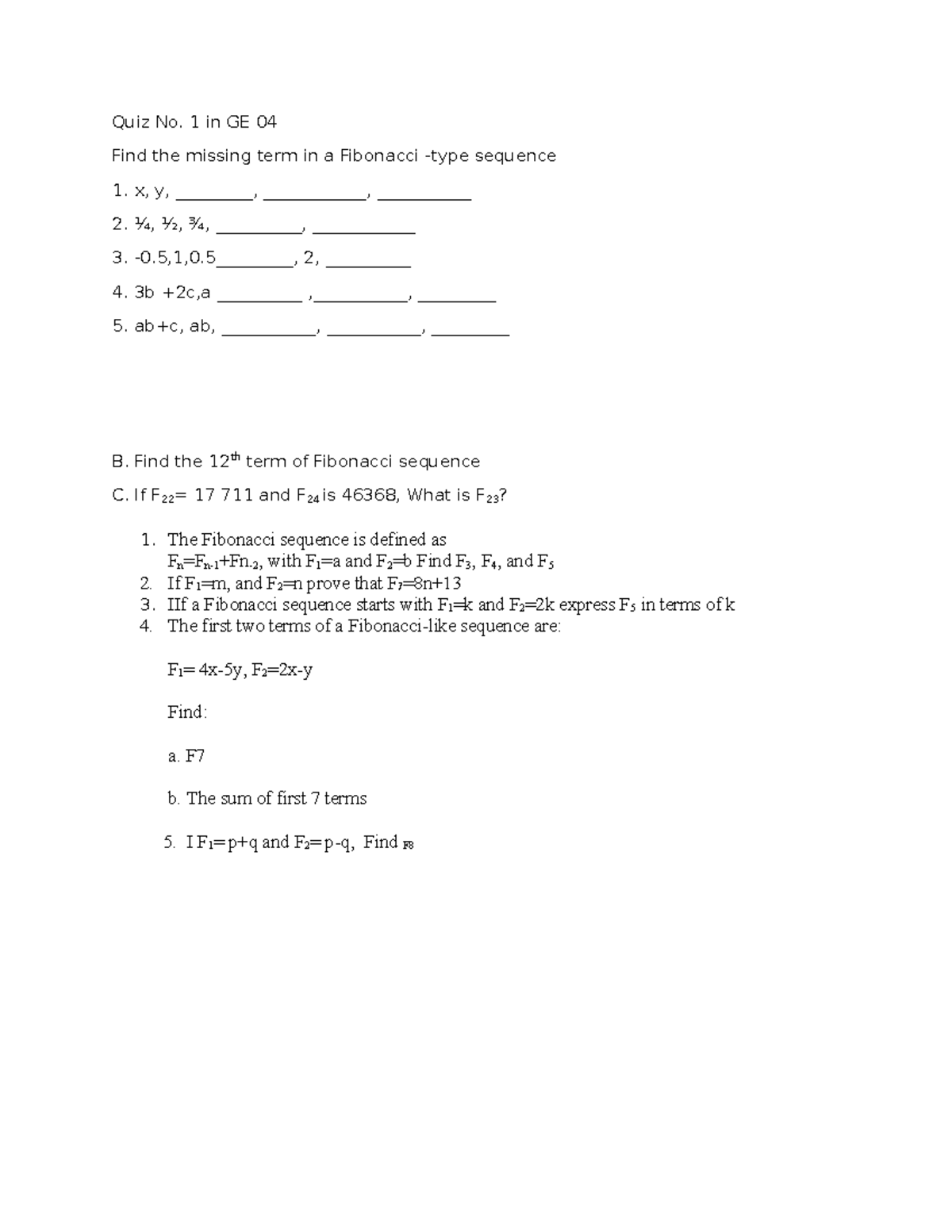 Quiz No. 1 in GE 04: Fibonacci Sequence Activities in Math - Studocu