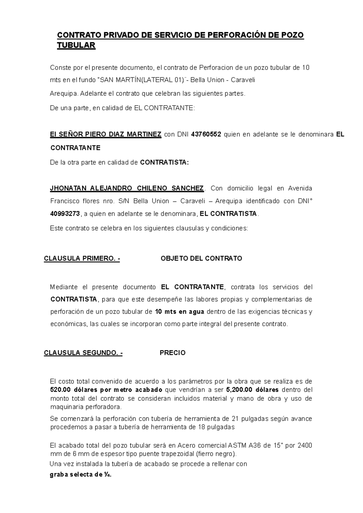 Contrato Privado de Perforación de Pozo Tubular - Piero Díaz - Studocu