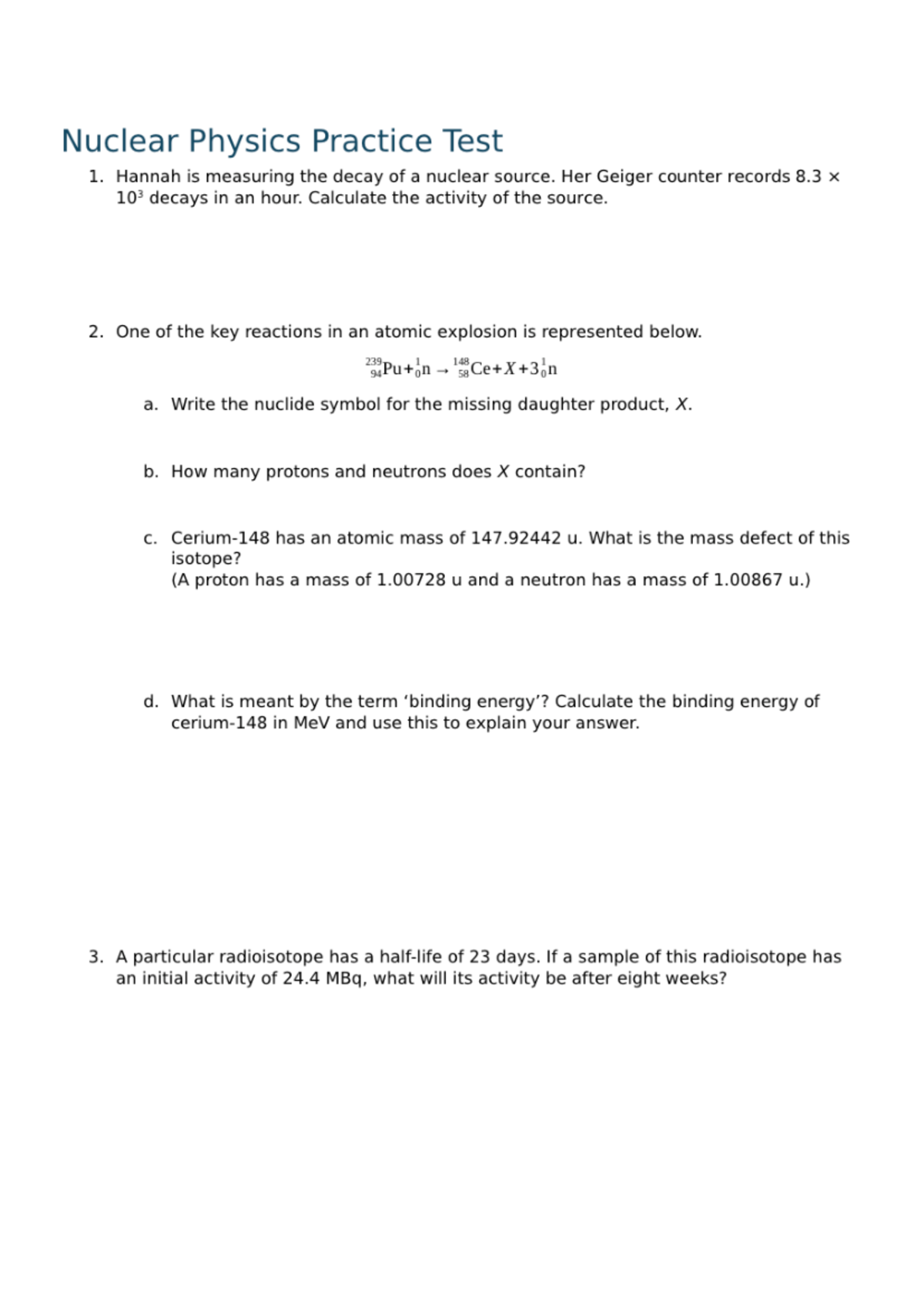 Nuclear Physics 1 - Year 11 Practice Test on Radioactive Decay and ...