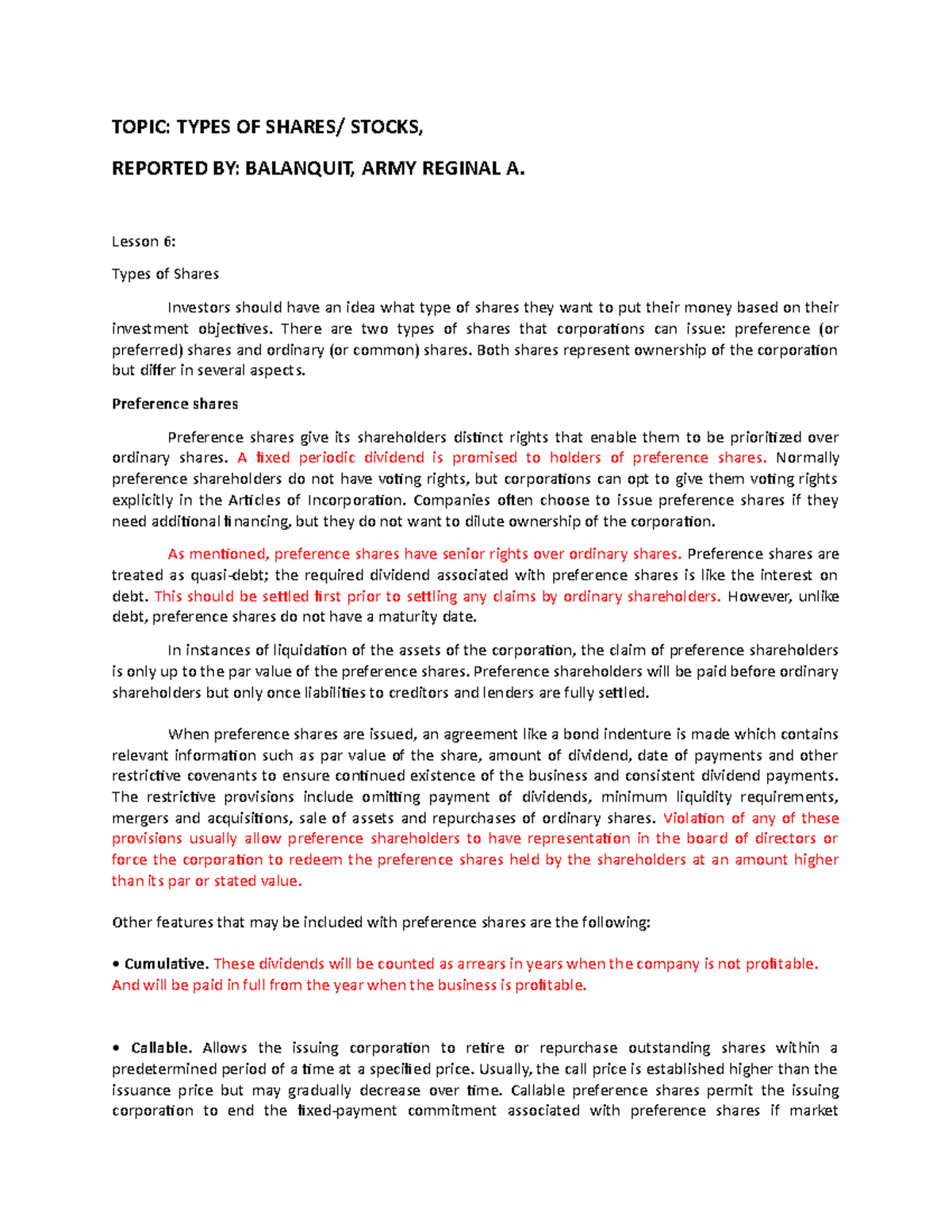 FINMAR: Types of Shares and Stocks - A Lesson Report by Balanquit - Studocu