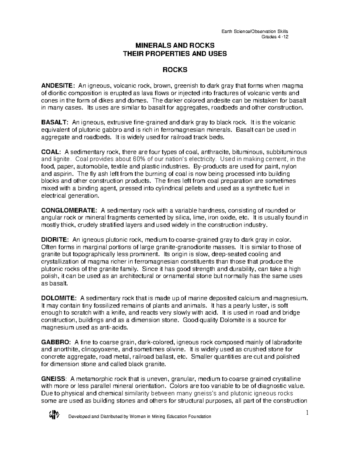 Earth Skills Grades 4: Properties and Uses of Minerals and Rocks - Studocu