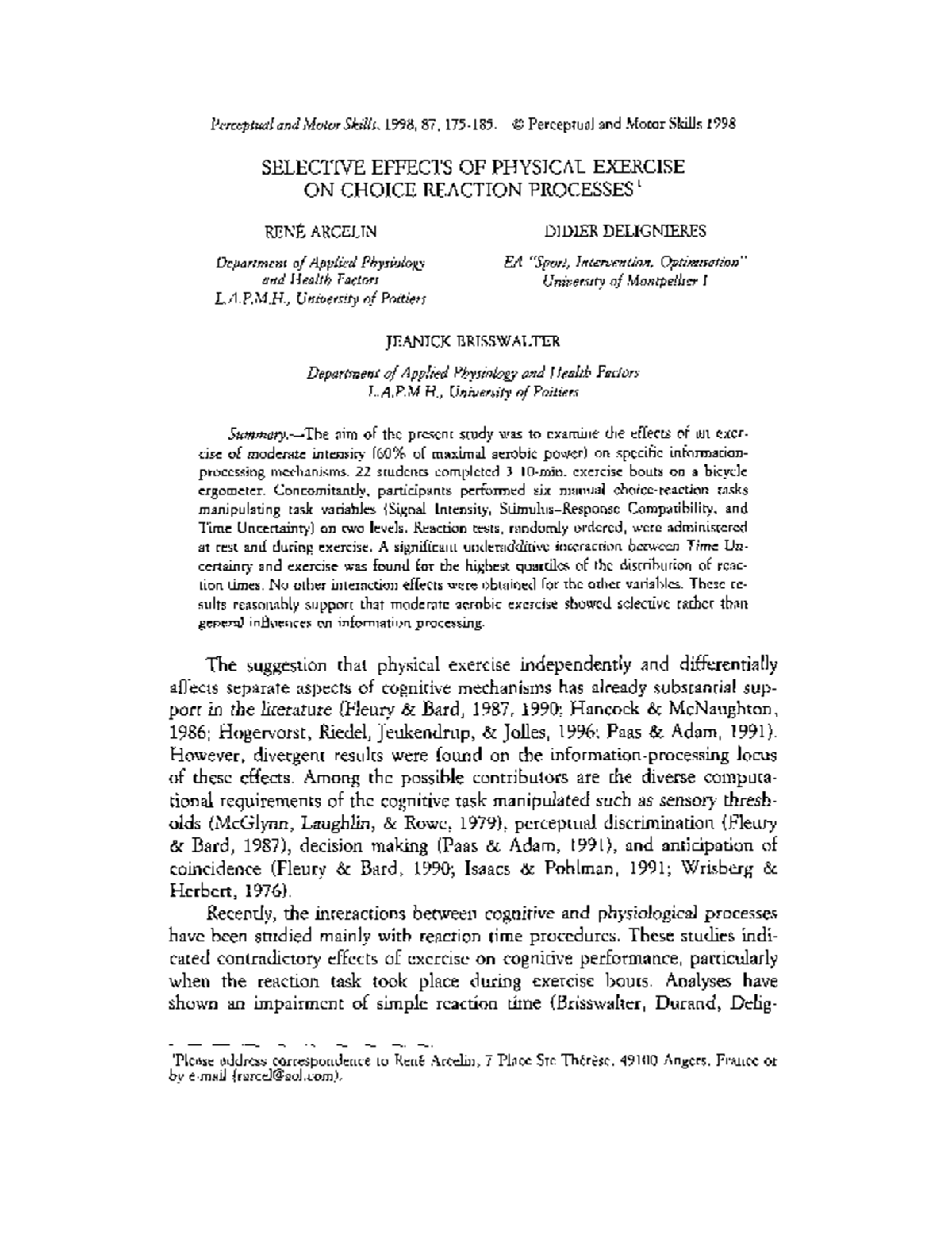 Selective Effects of Physical Exercise on Choice Reaction Processes ...