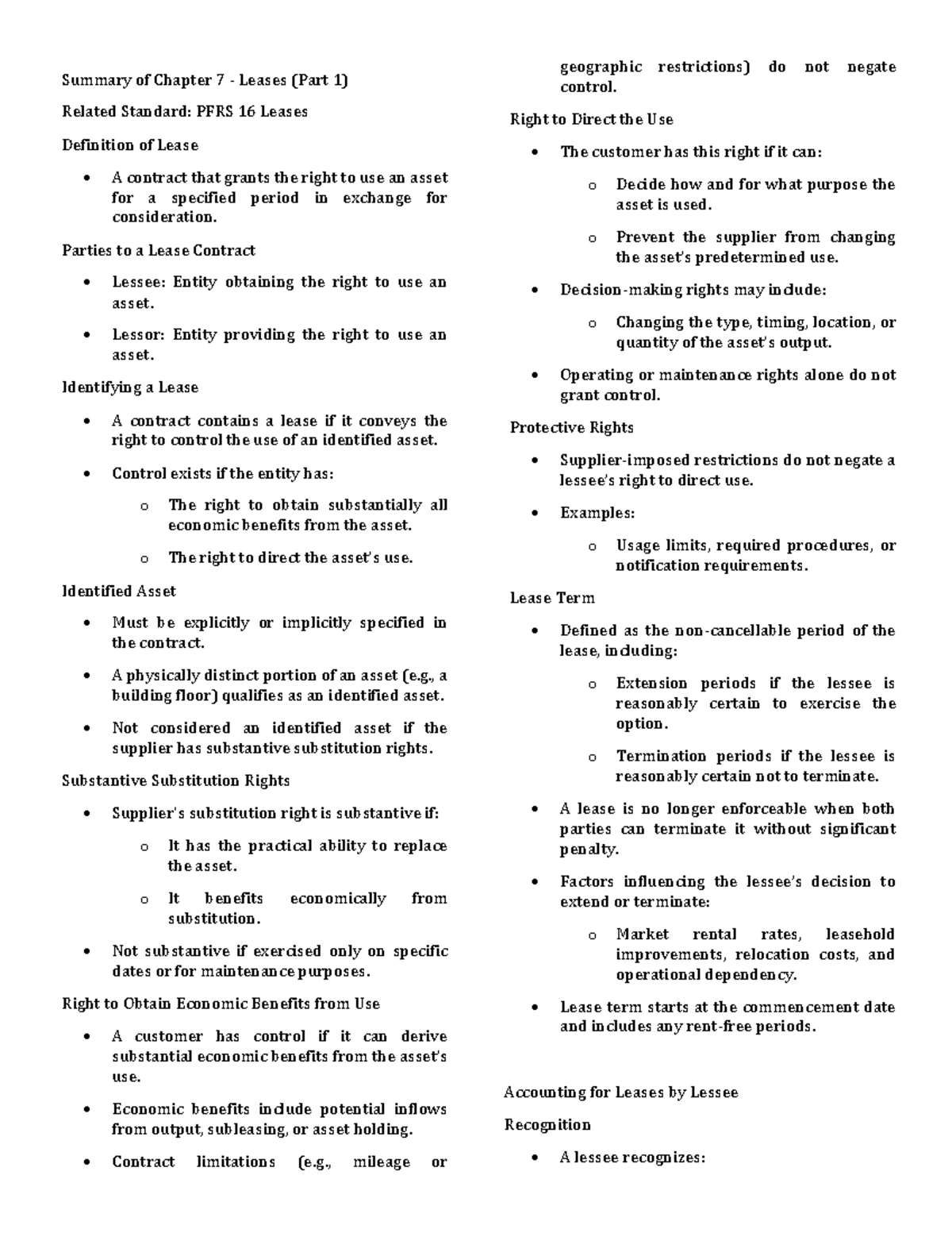 CH 7&8 - Summary of Leases Under PFRS 16: Key Concepts & Accounting ...