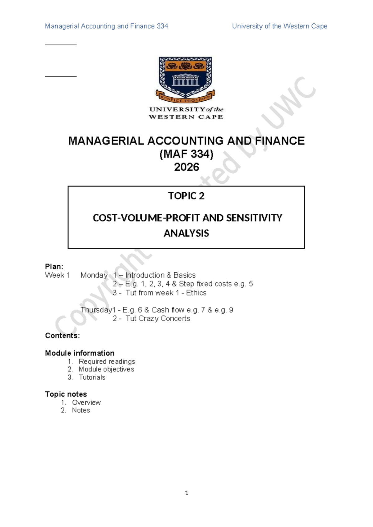 Managerial Accounting and Finance (MAF 334) CVP Analysis Module Notes ...