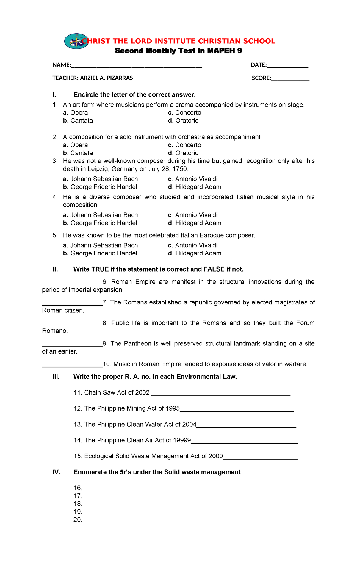 Mapeh Monthly TEST G9 - GOOD - CHRIST THE LORD INSTITUTE CHRISTIAN ...