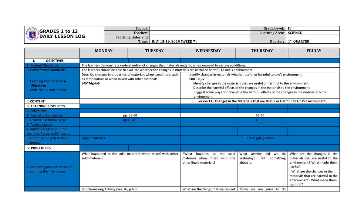 DLL Science 4 Q1 W7 - DLLL - GRADES 1 to 12 DAILY LESSON LOG School ...