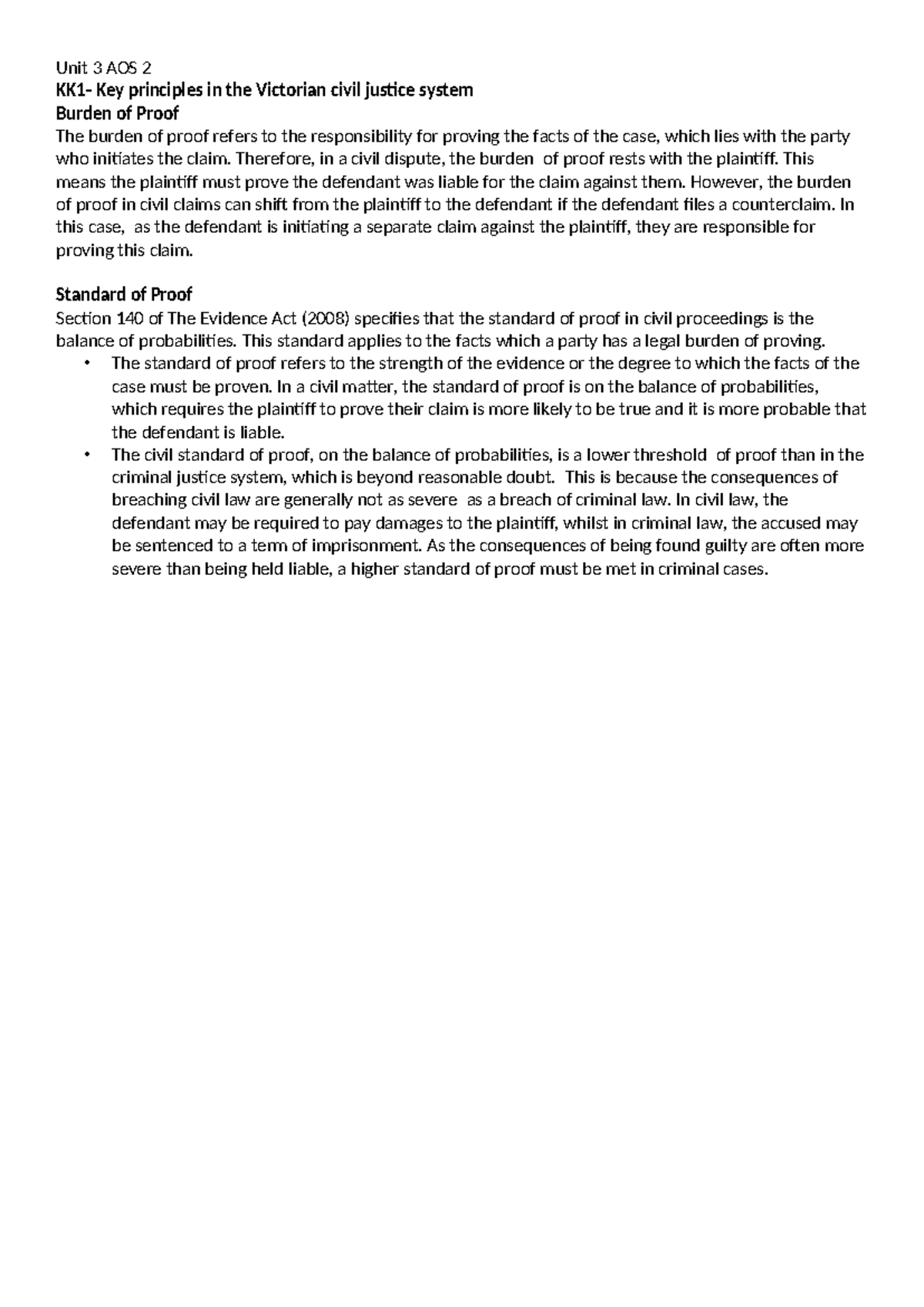 Unit 3 Legal AOS 2 notes - Unit 3 AOS 2 KK1- Key principles in the ...