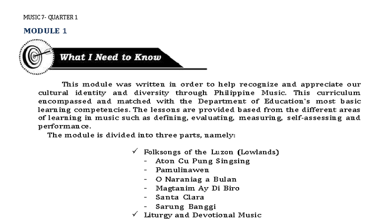 MUSIC 7 Q1 MODULE 1: Exploring Philippine Music and Culture - Studocu