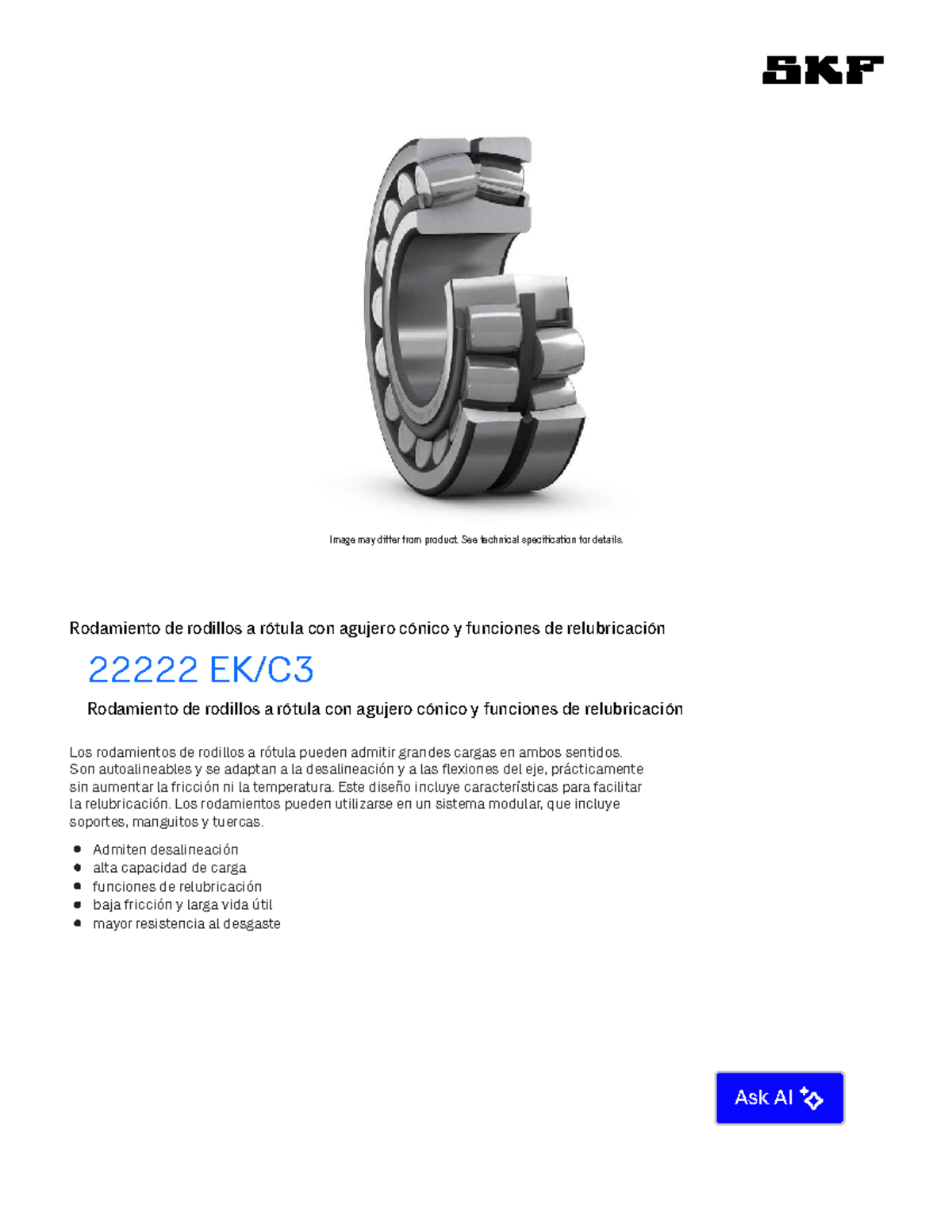 SKF - Especificaciones del Rodamiento de Rodillos a Rótula - Studocu