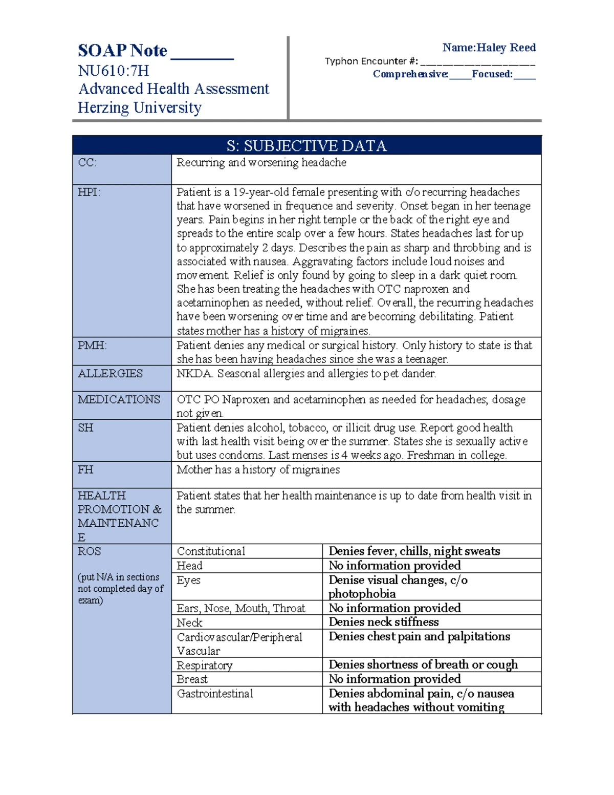 SOAP Note NU610:7H Advanced Health Assessment - Low Back Pain Case ...