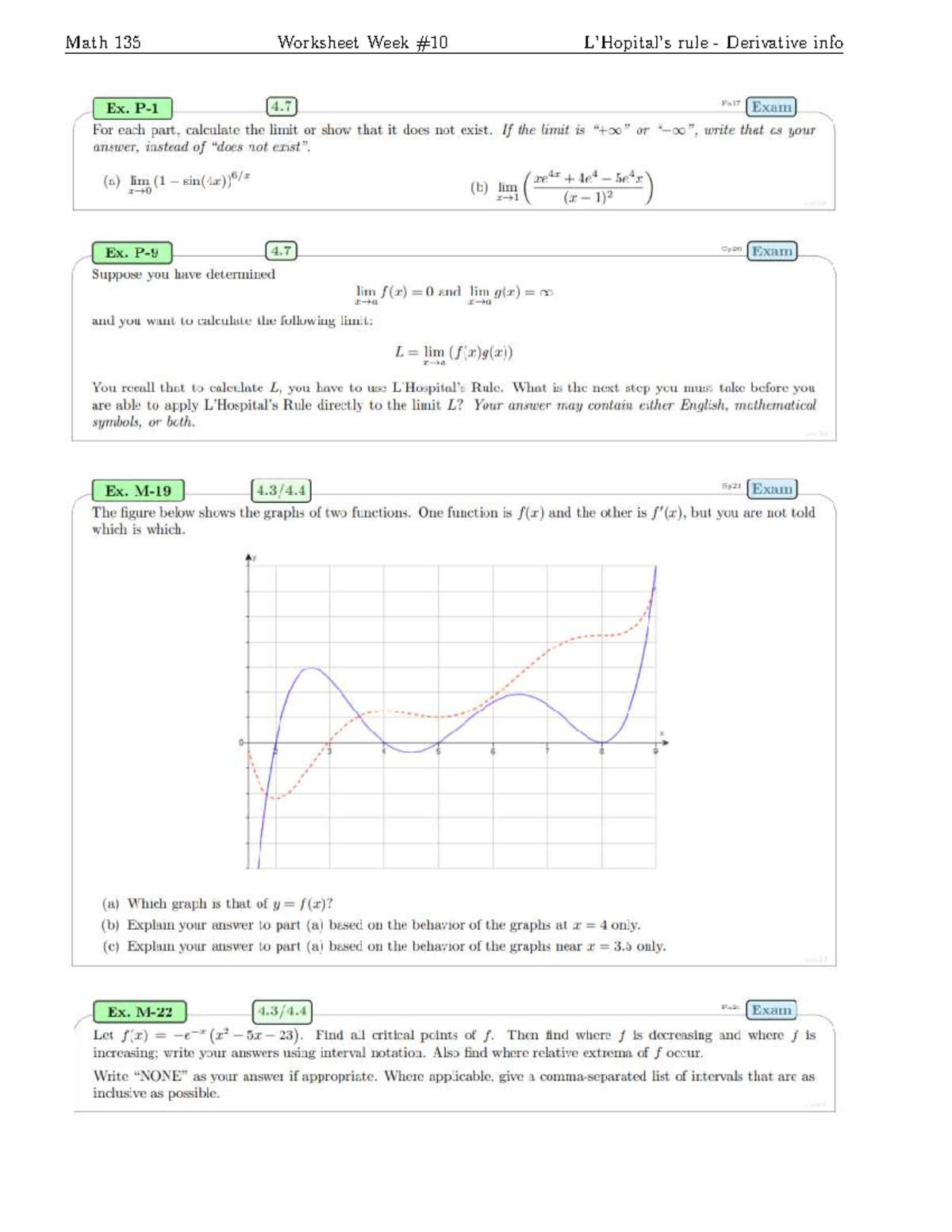 Math 135 Worksheet - Week 10 L'Hôpital's Rule Limits and Derivatives ...