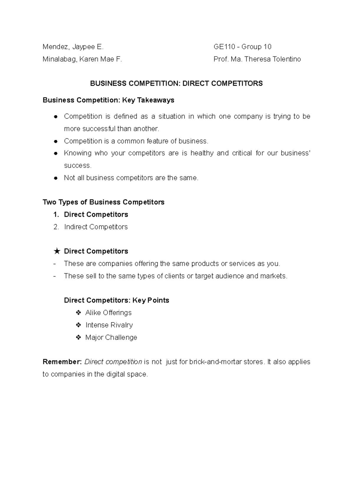 GE110 Direct Competitors Analysis: Key Insights and Examples - Studocu