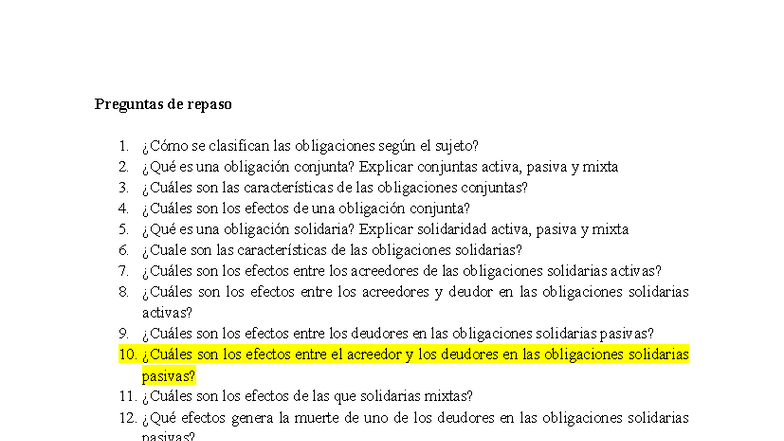 Preguntas de repaso sobre obligaciones: Clases y efectos - Studocu