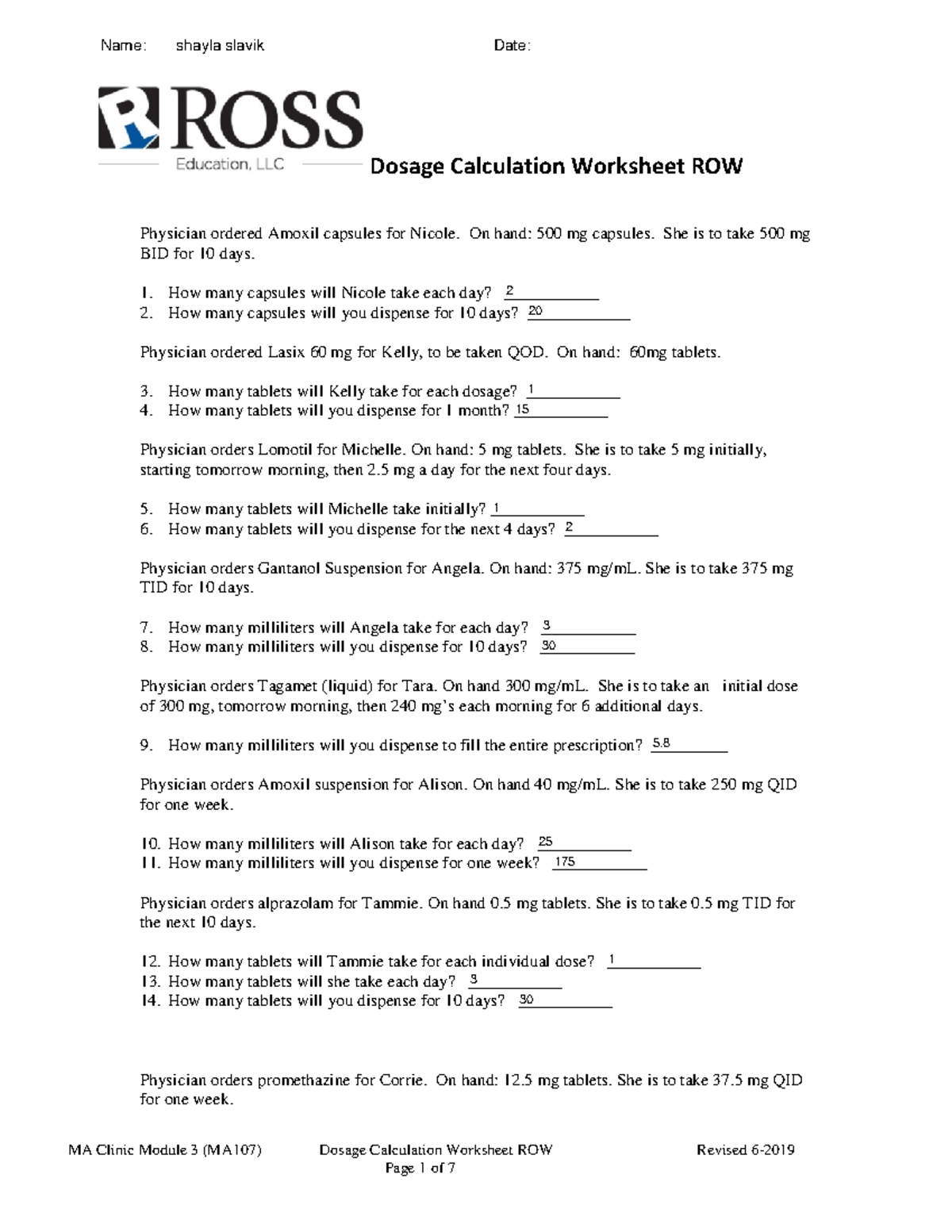 MA107 Module 3 Dosage Calculation Worksheet Revised 06-2019 - Studocu