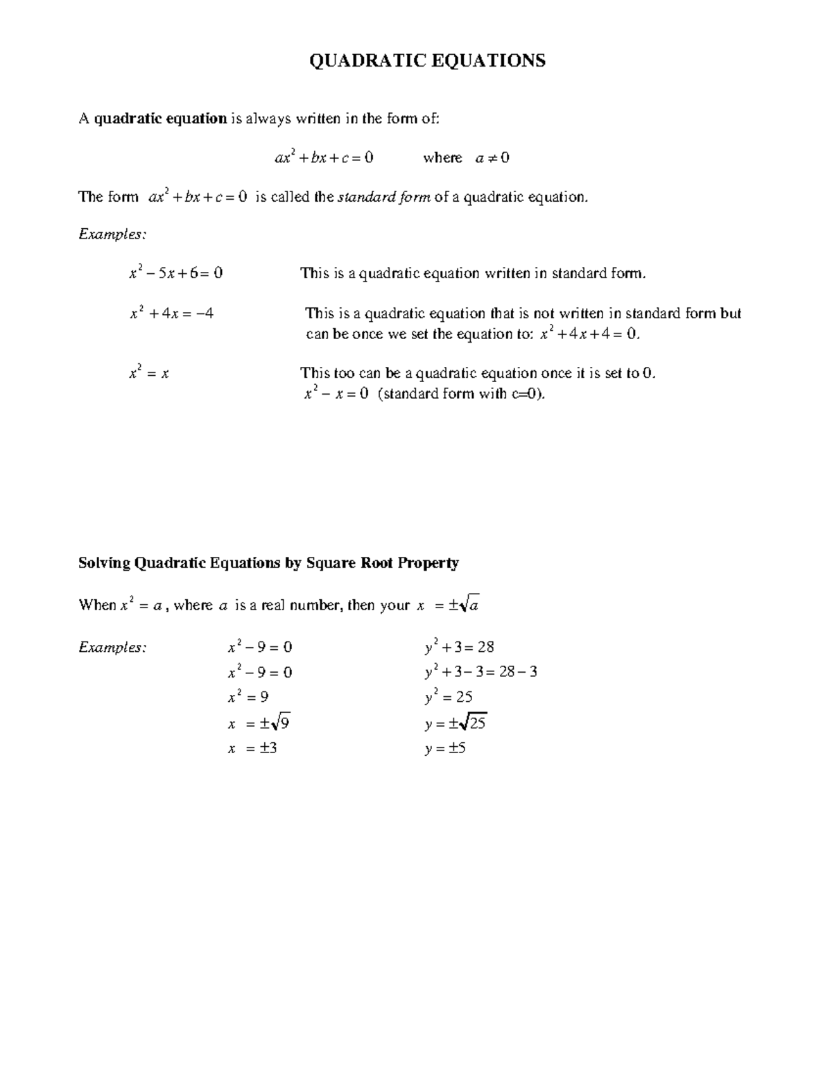 Quadratic Review 20-50 - QUADRATIC EQUATIONS A quadratic equation is ...