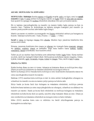 AKI 401: Mofolojia ya Kiswahili - Utafiti wa Maneno na Mofimu - Studocu