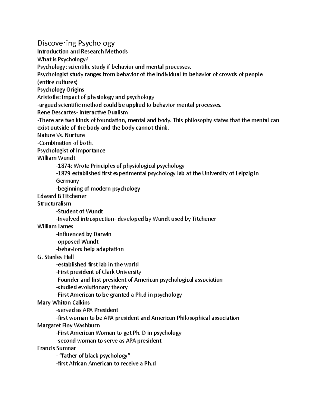 Discovering Psychology Lecture Notes: Chapter 1 Overview - Studocu