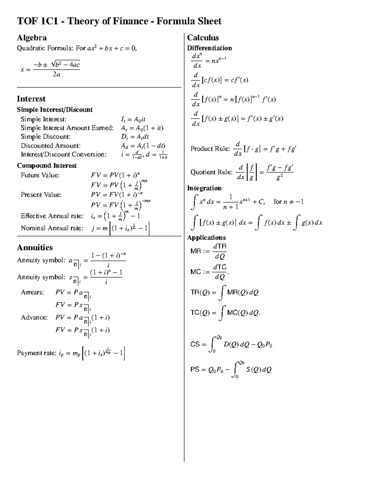 To F Formula Sheet - TOF 1C1 - Theory of Finance - Formula Sheet ...