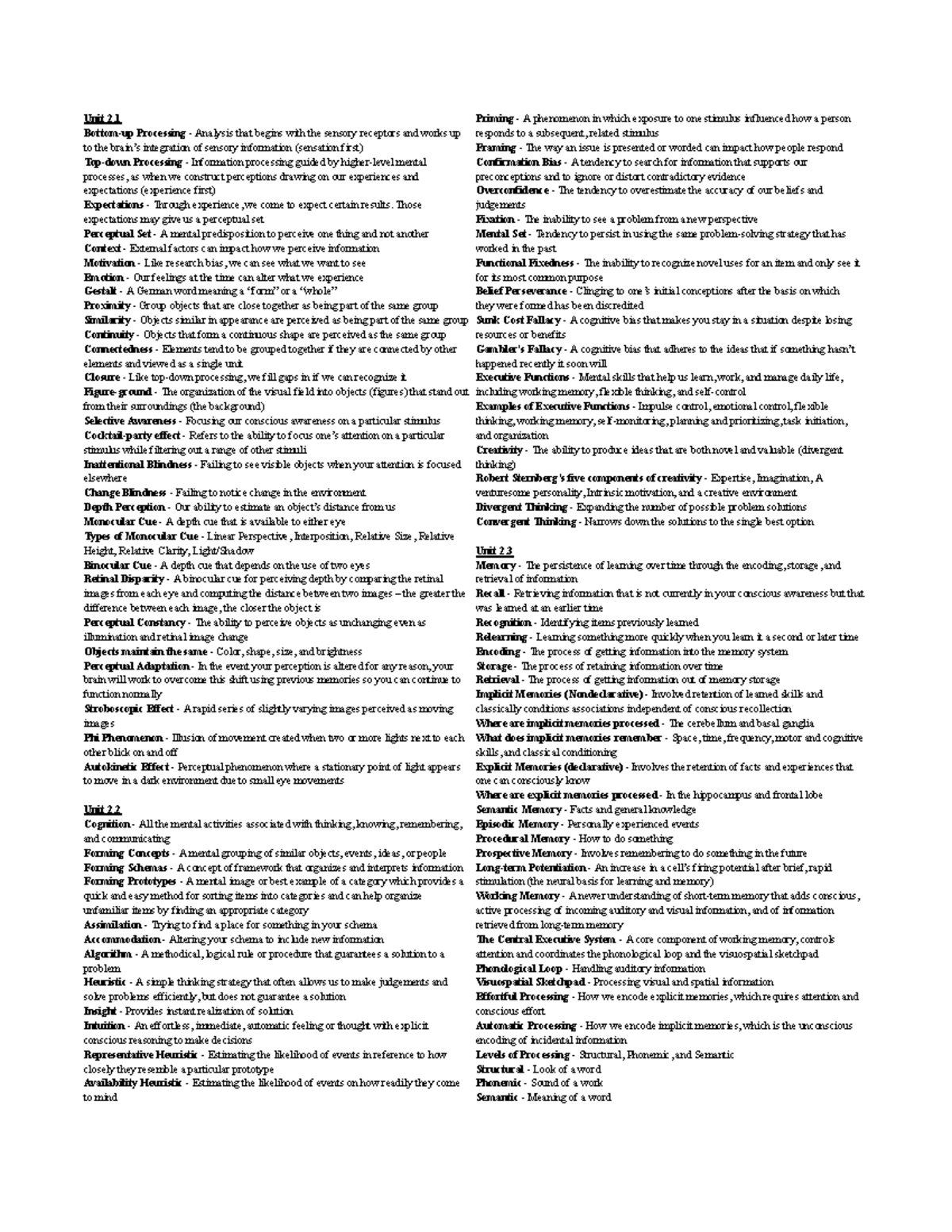 Psychology Unit 2 Cheat Sheet - Unit 2. Bottom-up Processing - Analysis ...