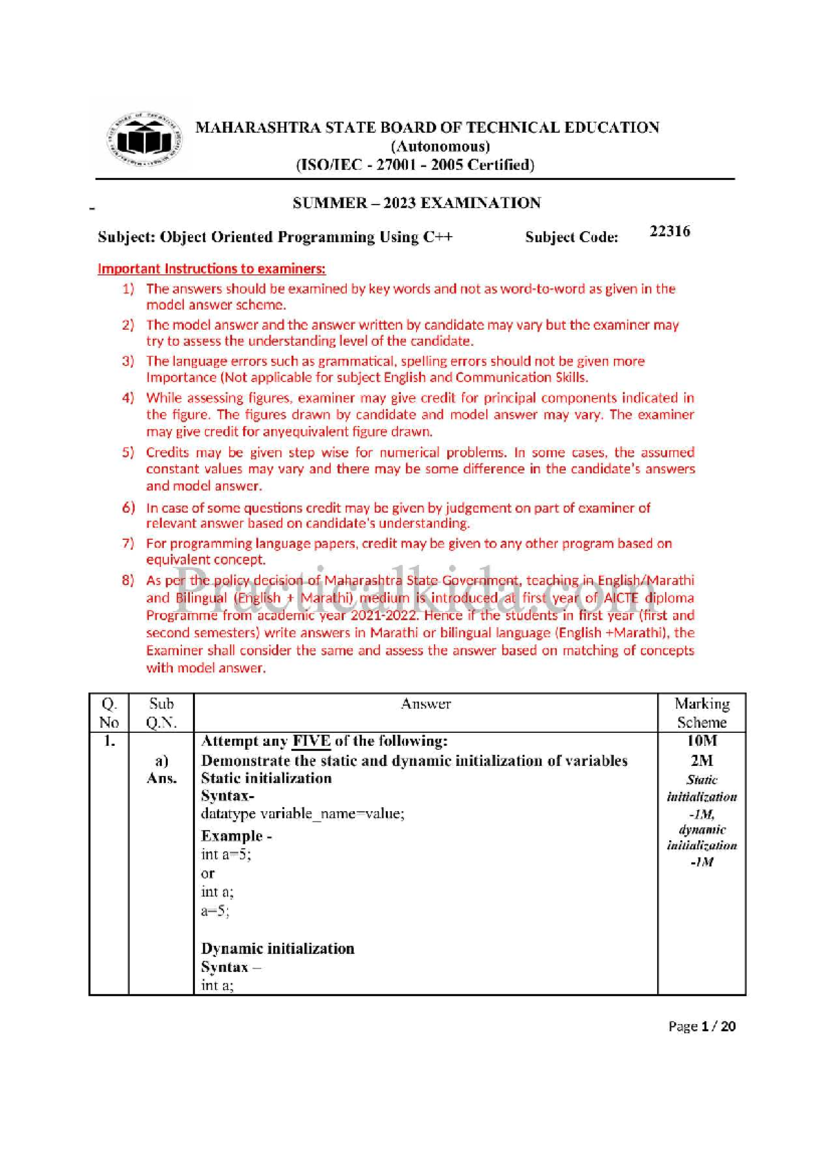 OOP 22316 Summer 2023 Exam Guidelines and Important Instructions - Studocu