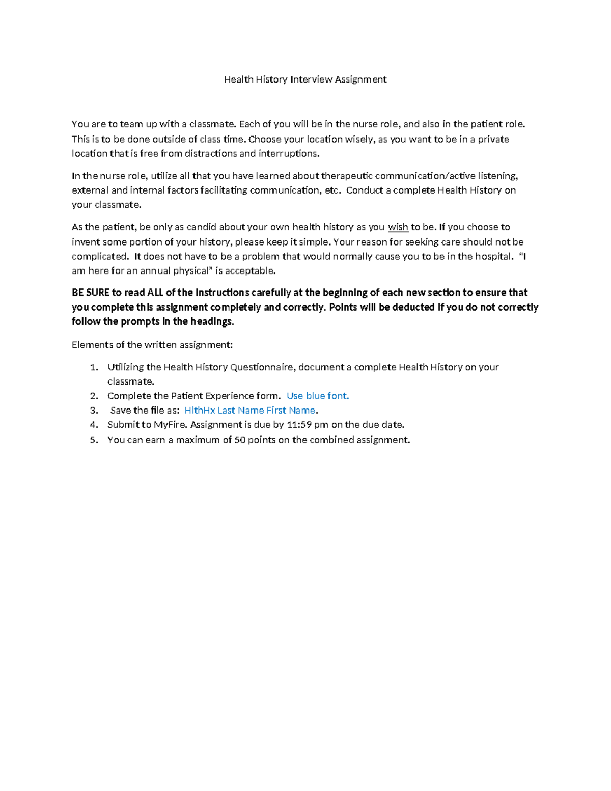 HLTH 101: Health History Interview Assignment Instructions and ...