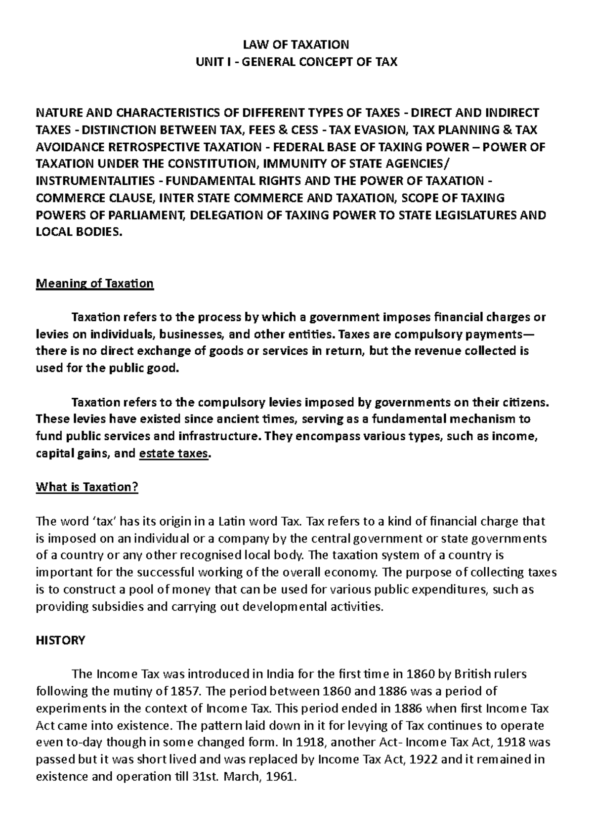 LAW OF TAXATION UNIT I: GENERAL CONCEPTS AND CHARACTERISTICS OF TAXES ...