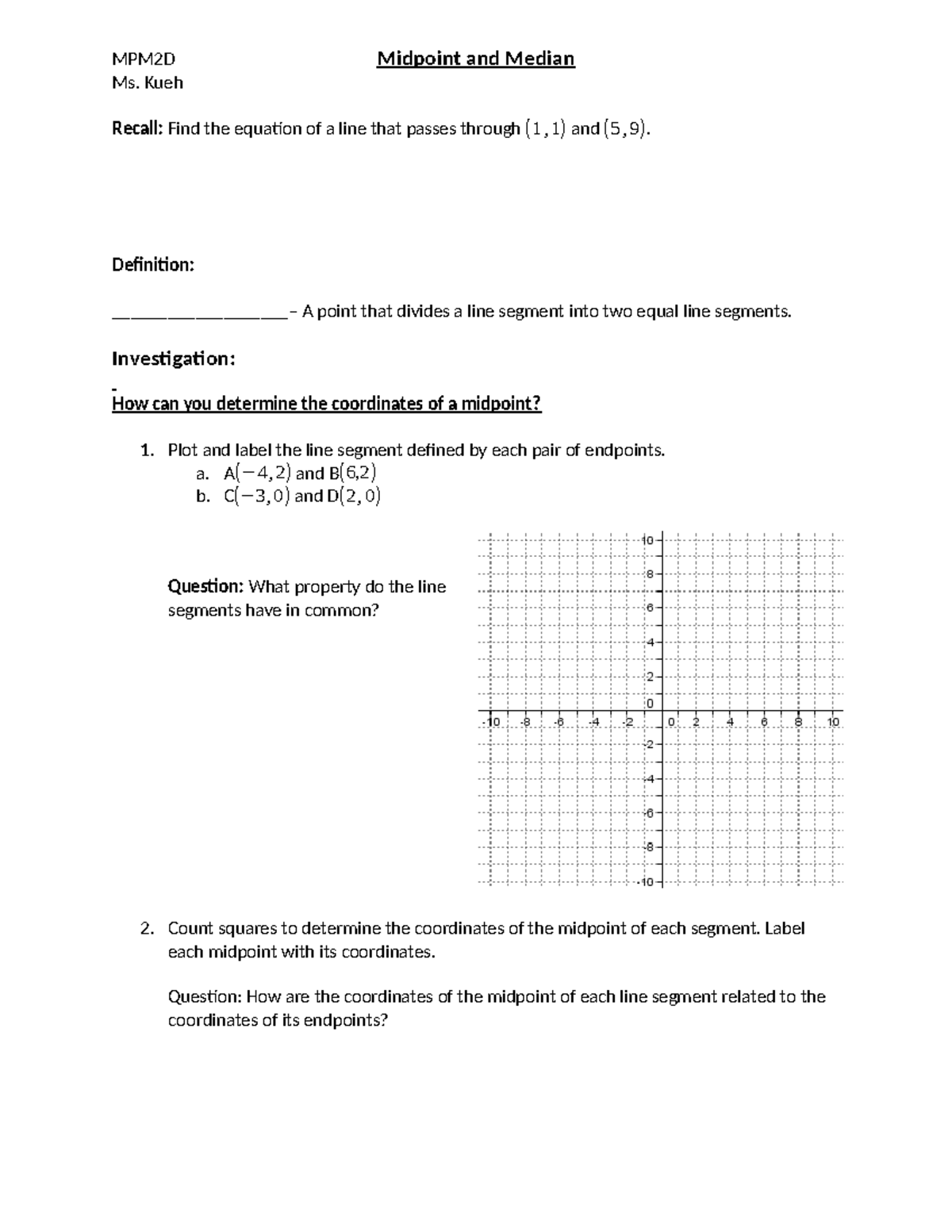 Lesson 2 midpoint and median of a line segment - MPM2D Midpoint and ...
