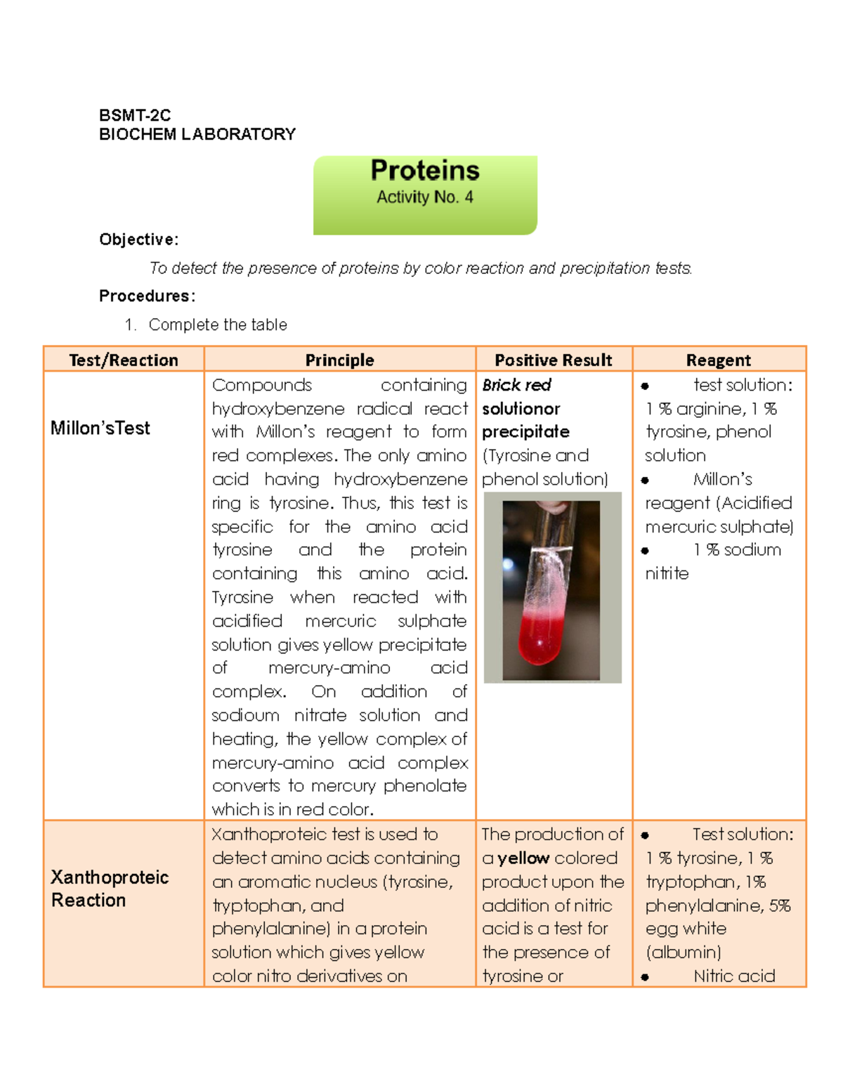 Protein laboratory - BSMT-2C BIOCHEM LABORATORY Objective: To detect ...